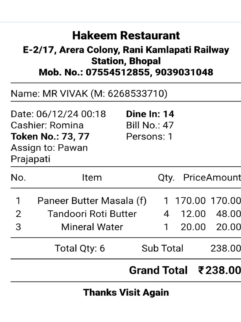 Restaurant Bill Bhopal | PDF