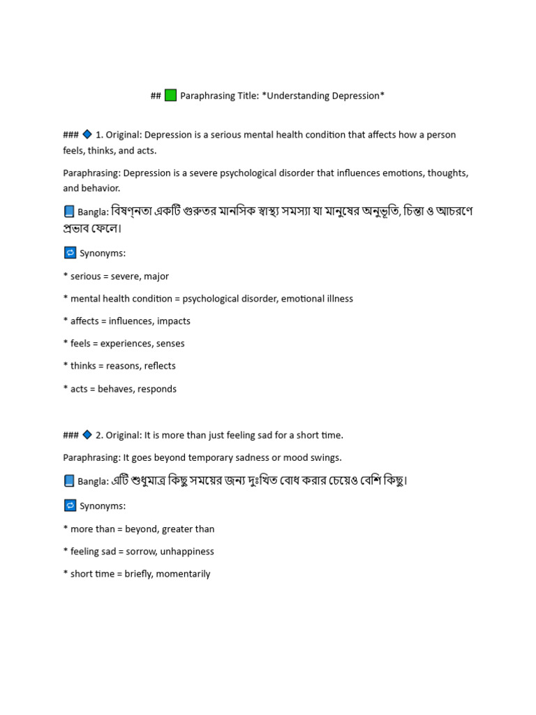 Paraphrasing Understanding Depression | PDF | Psychotherapy | Major ...