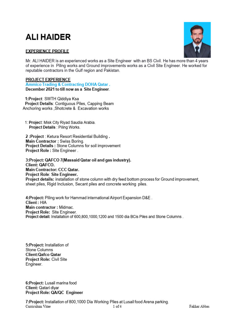 Civil Site Engineer CV - Ali Haider | PDF | Concrete | Road