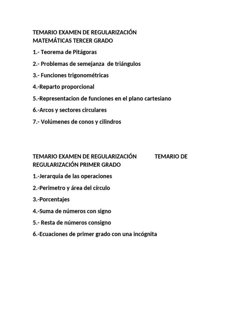 Temario Examen de Regularización Matemáticas Tercer Grado | PDF