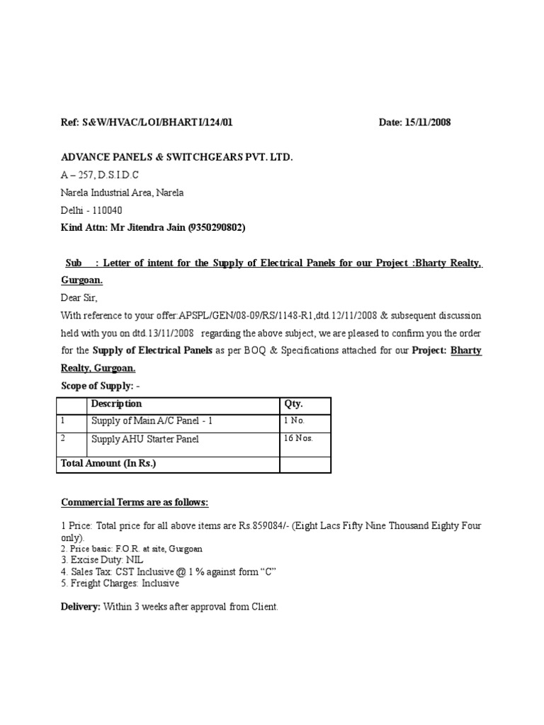 Letter of Intent for Electrical Panels | PDF | Invoice | Receipt