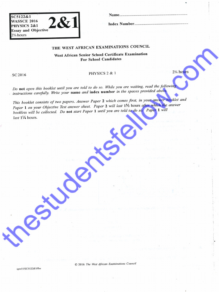 WASSCE Physics Past Questions 2016 | PDF