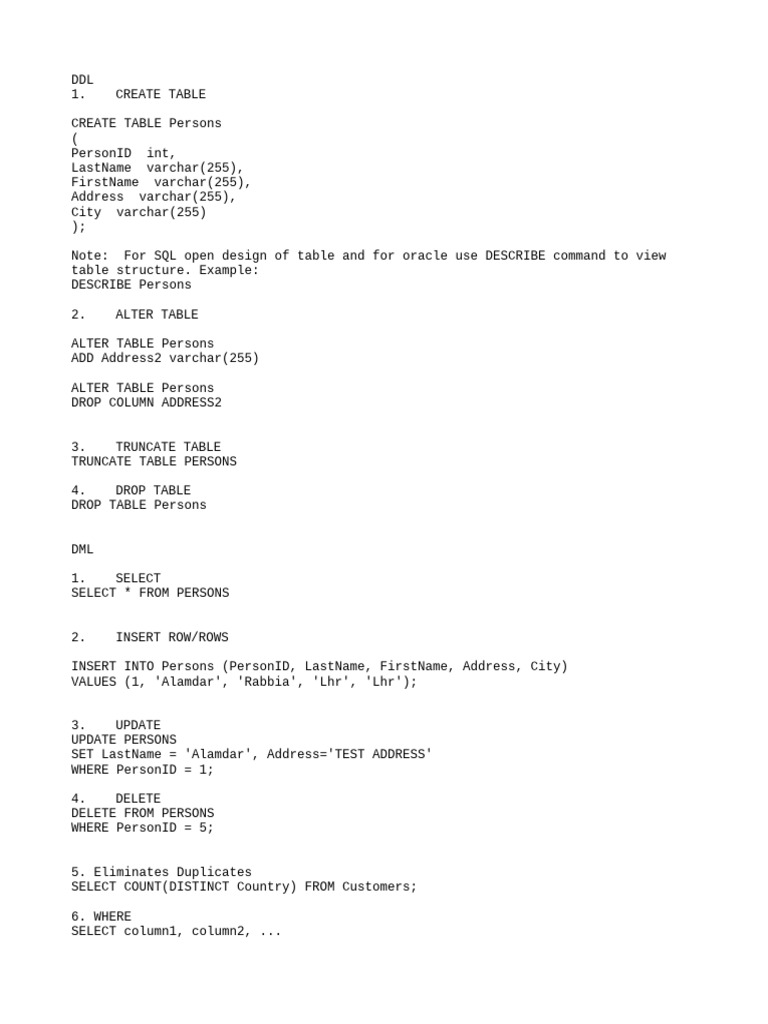 DDL DML Examples | PDF