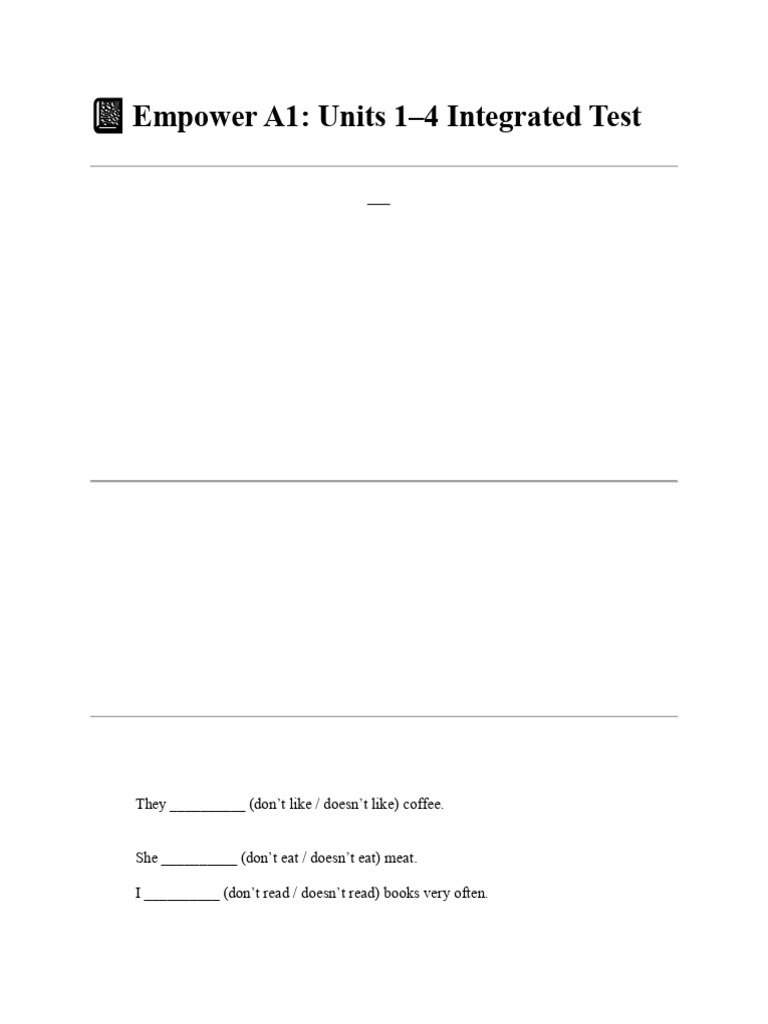 Empower A1 Integrated Test Units 1-4 | PDF | English Language | Linguistics
