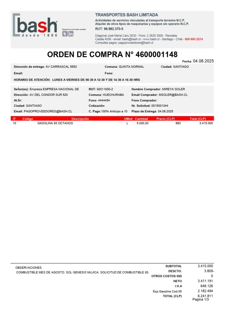 Orden de Compra #4600001148: It Código Descripción Umed Cantidad Precio ...