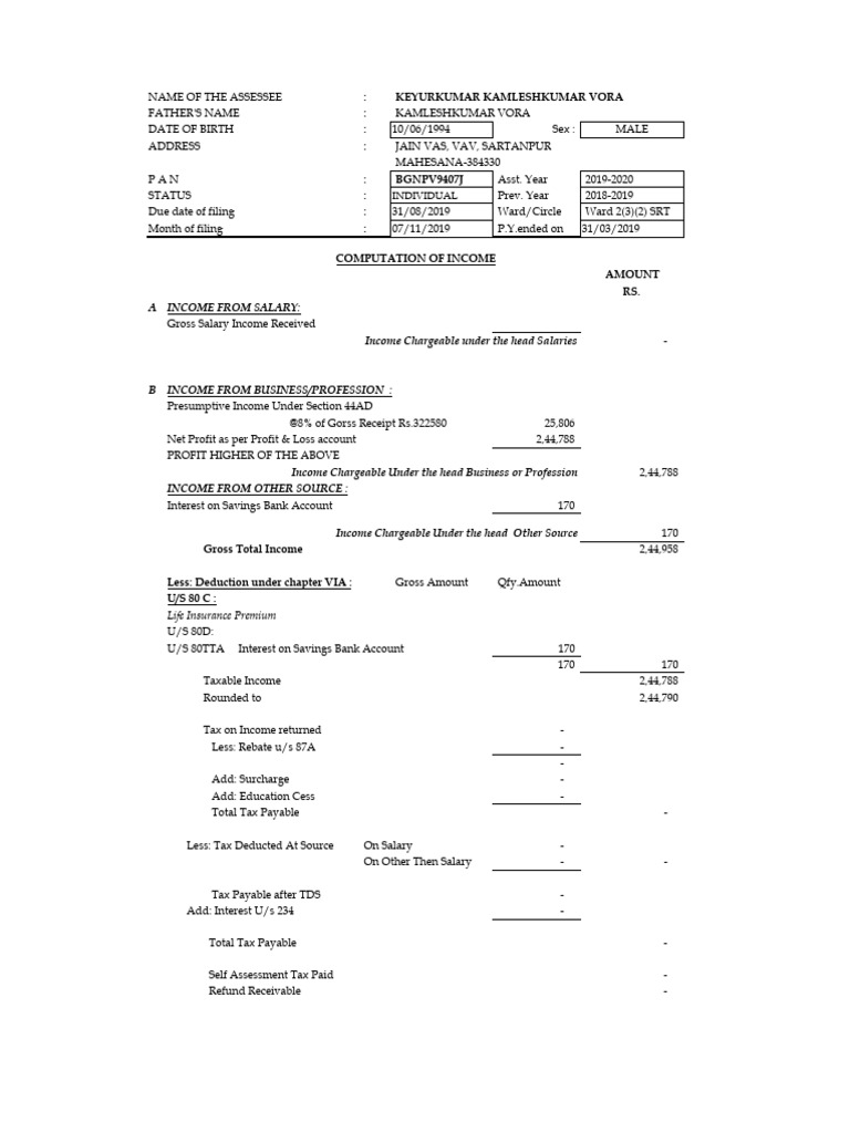 ITR Computation Sheet for Keyurkumar Vora | PDF | Income | Taxes