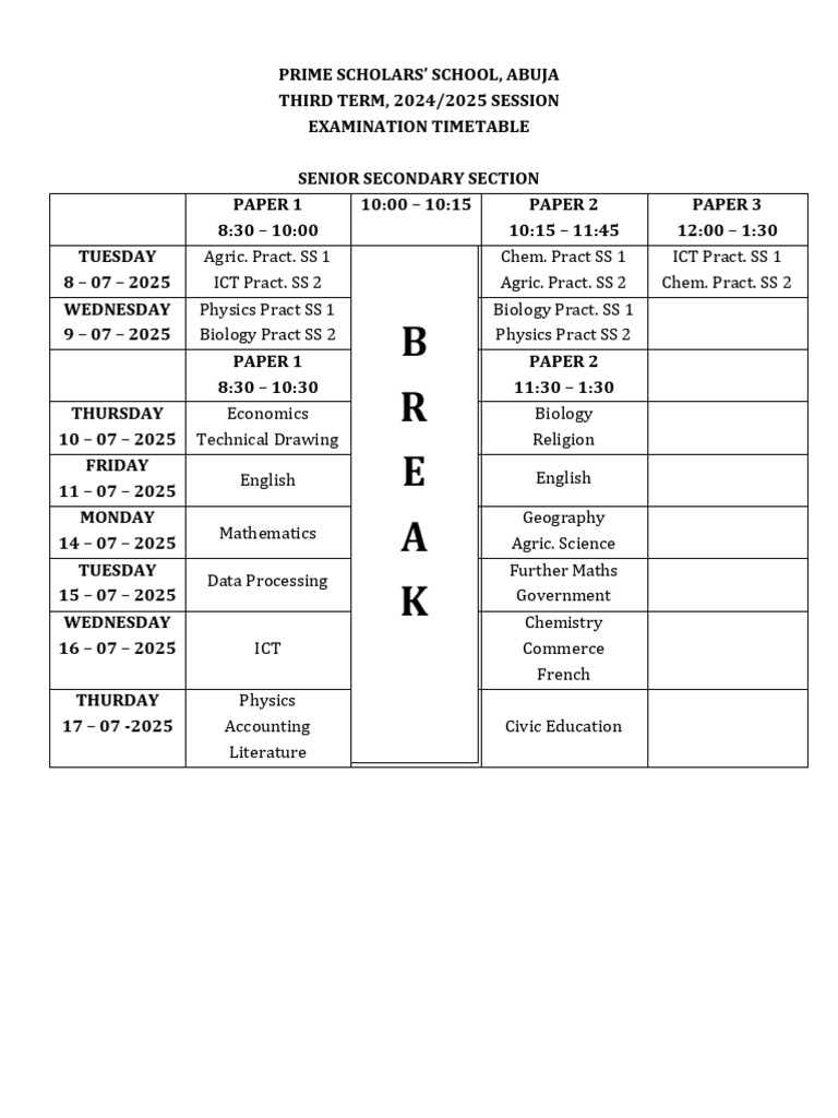 2025 Third Term Exam Timetable | PDF