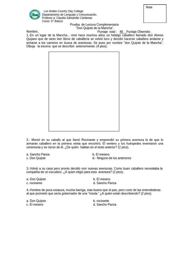 Prueba de Lectura Complementaria Don Quijote de La Mancha | PDF | Don ...