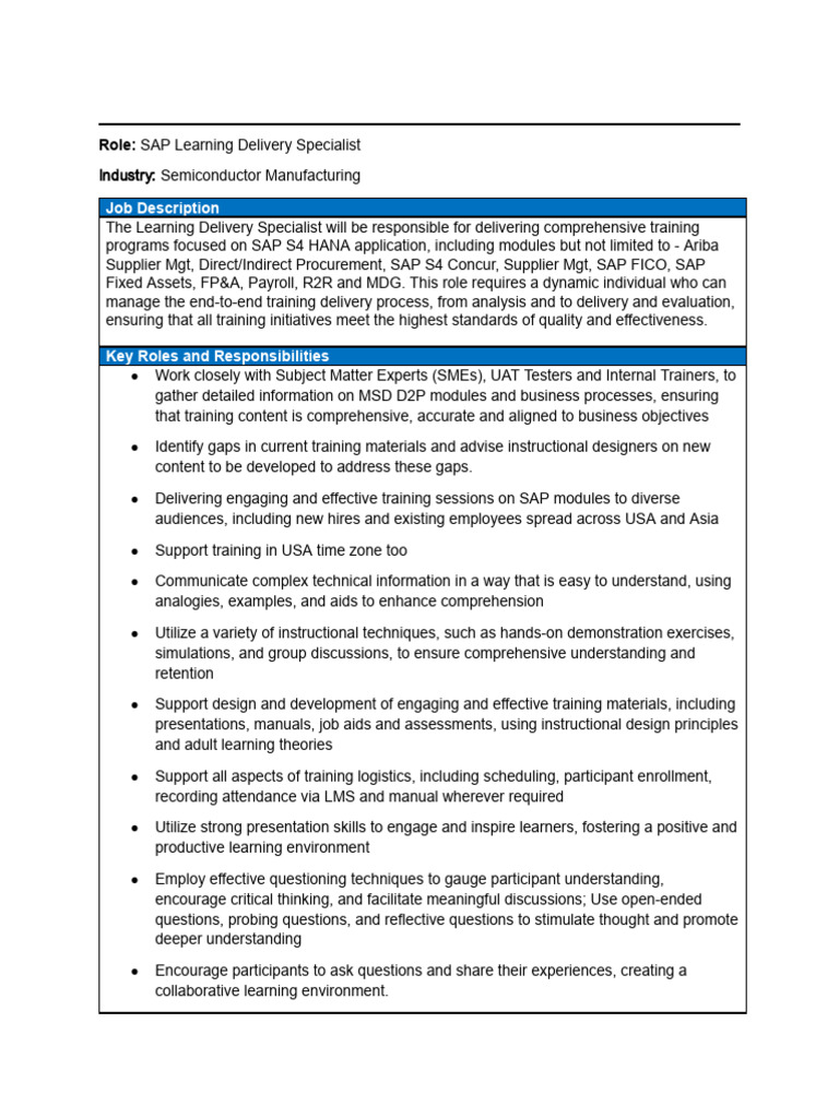 SAP Learning Delivery Consultant - JD | PDF | Learning | Instructional ...