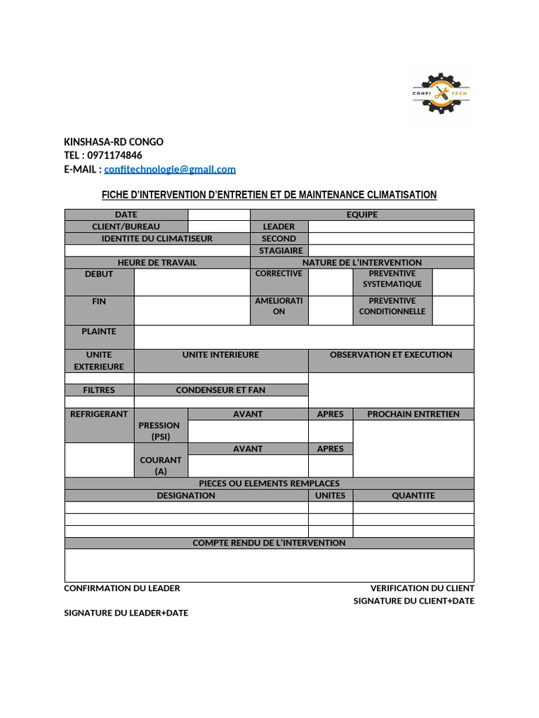 Fiche d'Intervention Climatisation | PDF