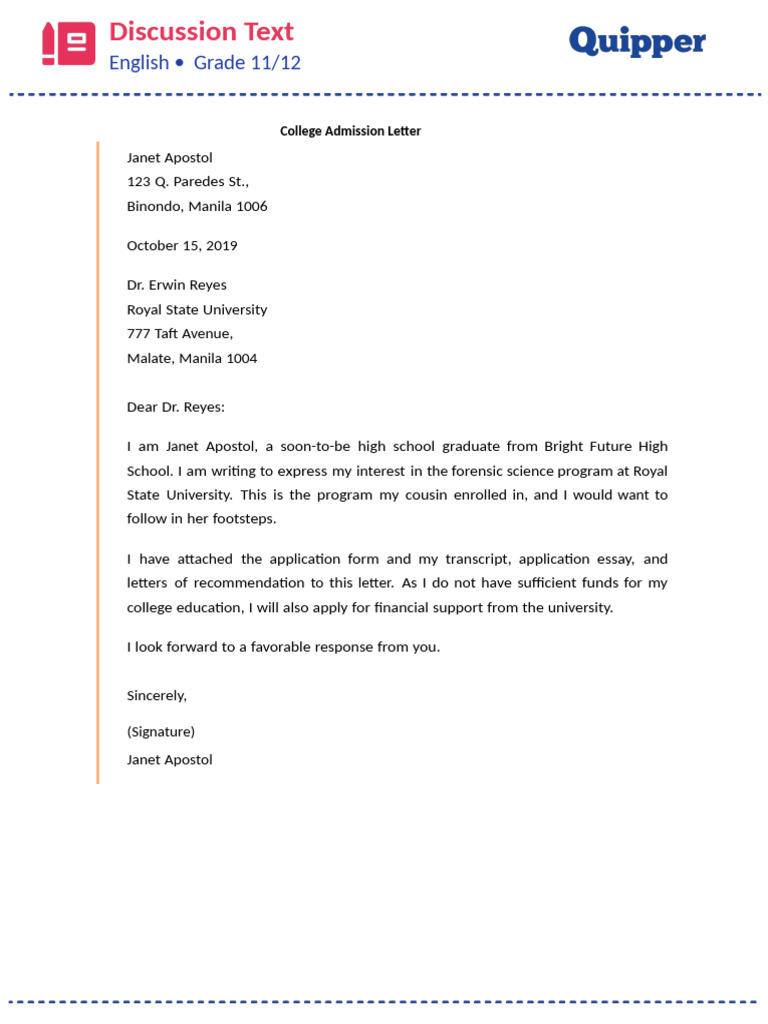 College Admission Letter Sample | PDF