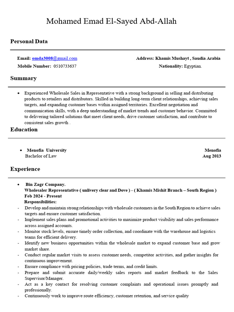 CV Mohamed Emad El Sayed | PDF | Sales | Logistics