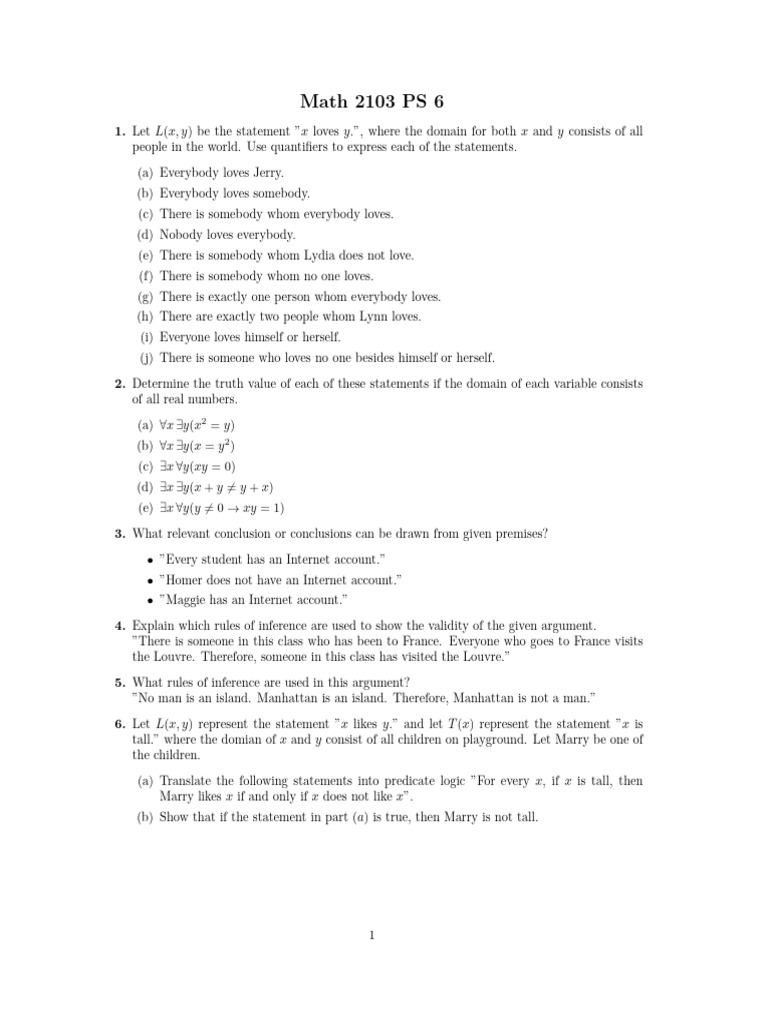 Math 2103 Predicate Logic Exercises | PDF