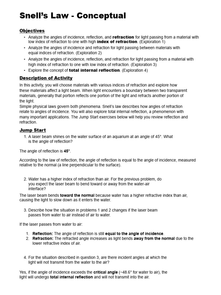 Virtual Investigation Worksheet_ Snell's Law.docx | PDF | Refraction | Refractive Index