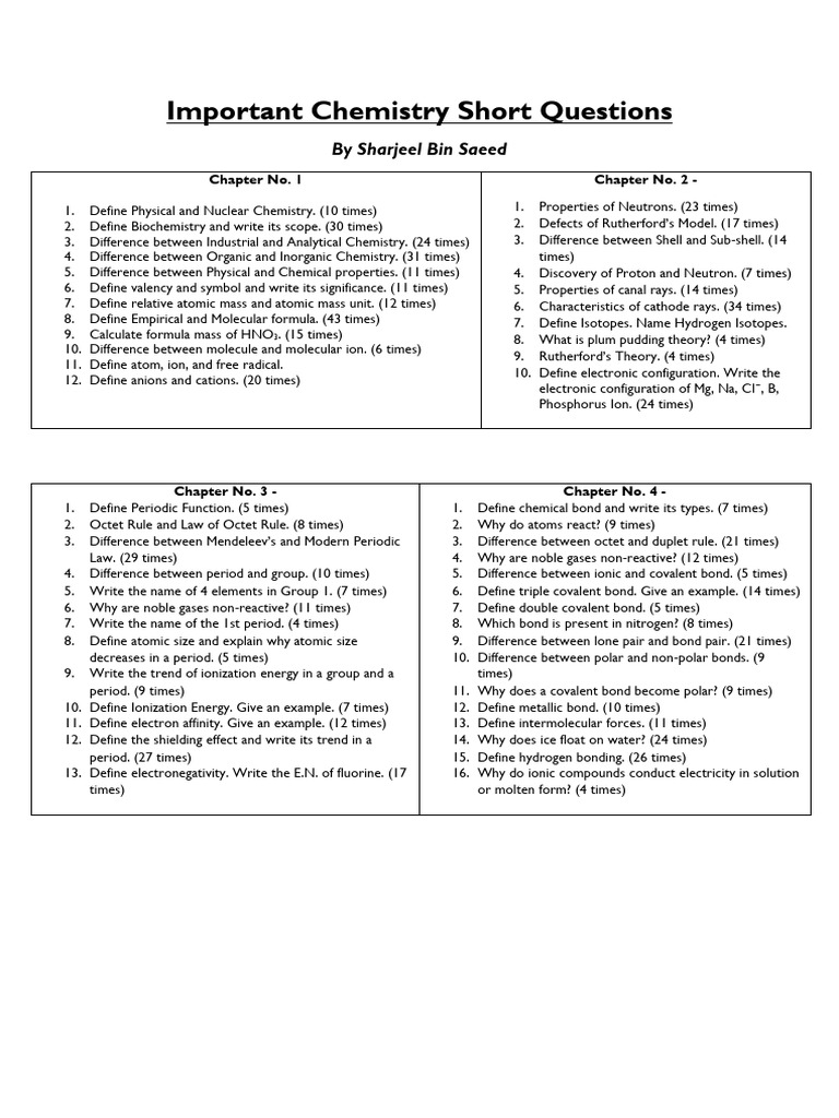 Essential Chemistry Short Questions | PDF | Chemical Bond | Chemistry