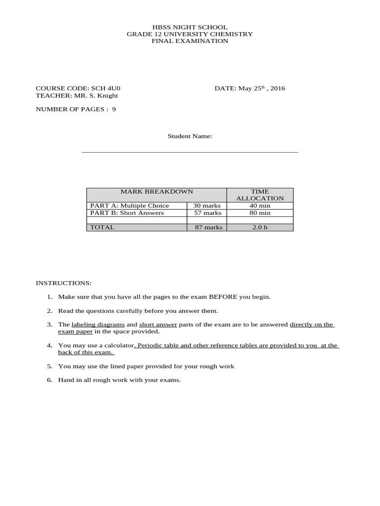 Grade 12 Chemistry Final Exam | PDF | Chemical Equilibrium | Chemical ...