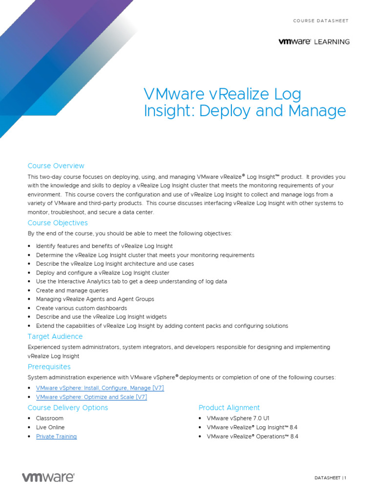 EDU_DATASHEET VMware VRealize Log Insight Deploy and Manage v8.4 | PDF | Copyright ...