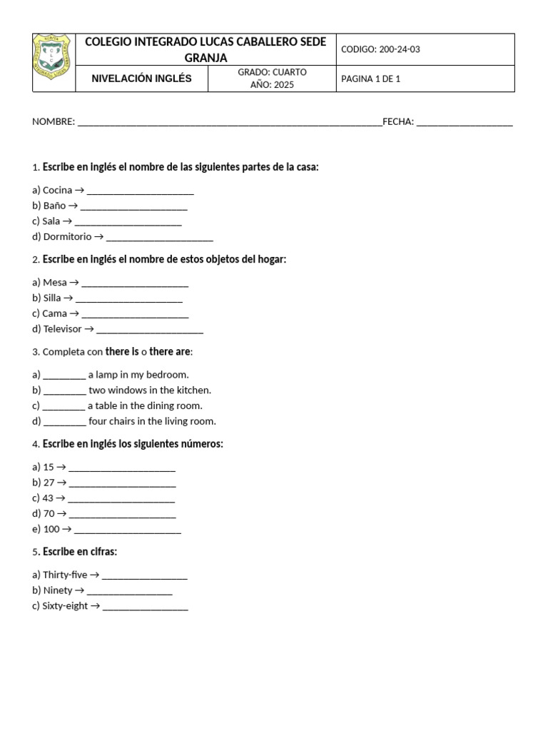 2do Nivelación Inglés Cuarto | PDF