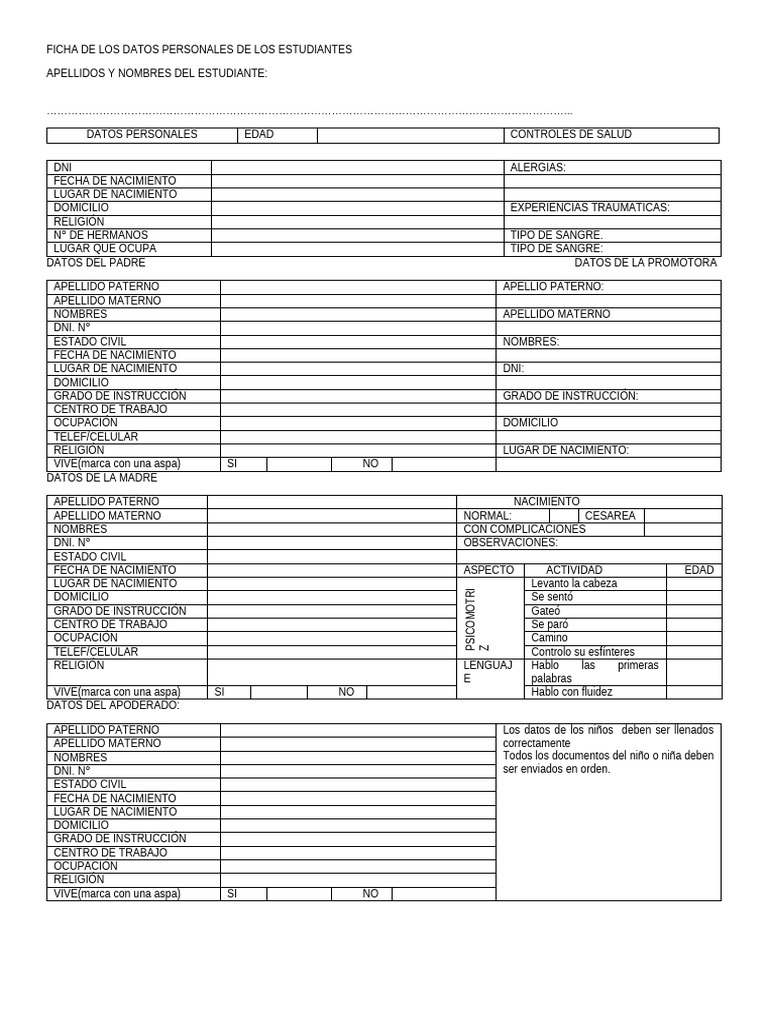 Ficha de Los Datos Personales de Los Estudiantes | PDF