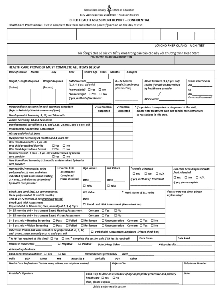 Head Start Child Health Assessment Form | PDF | Clinical Medicine ...
