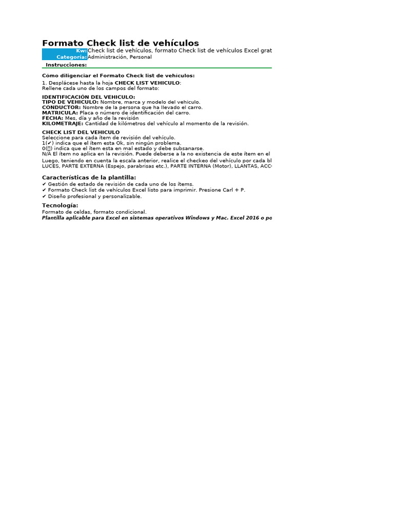 Formato Check List Vehicular Excel Gratis | PDF | Microsoft Excel ...