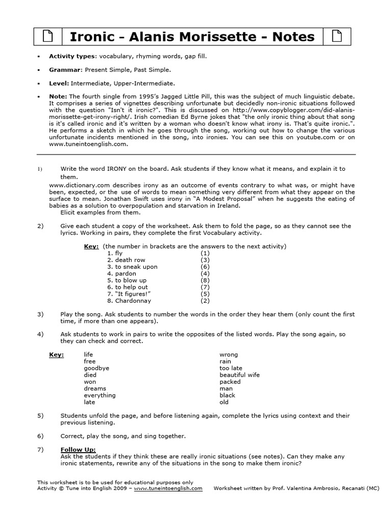 Ironic Song Worksheet Activities | PDF