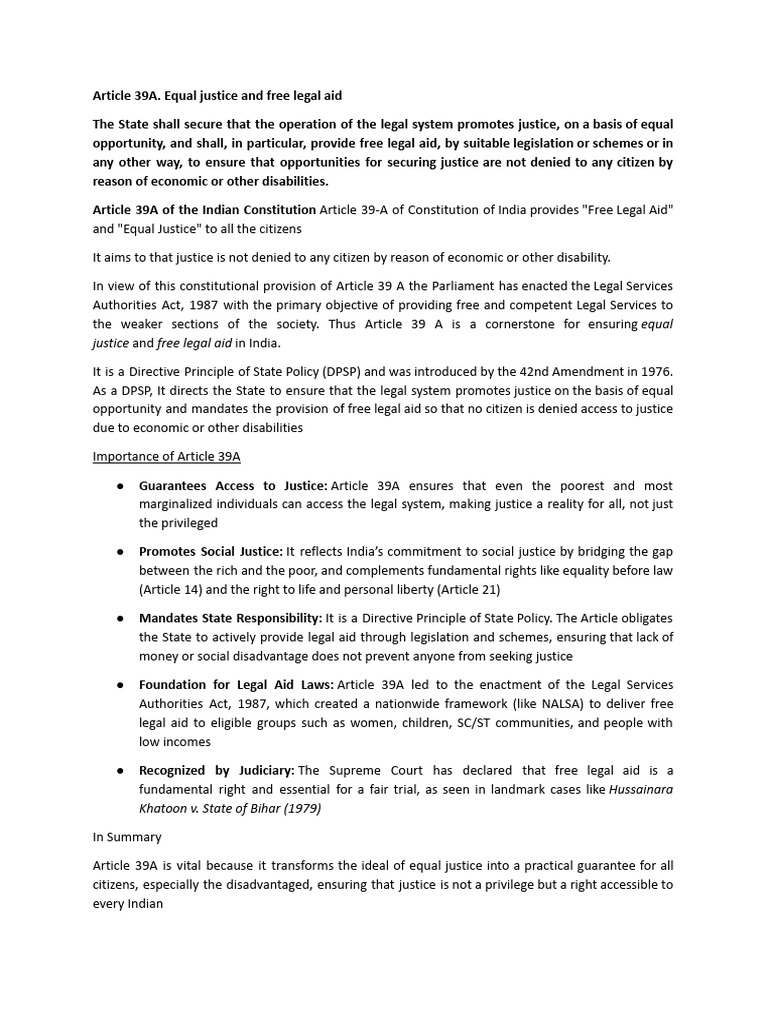 Article 39A of The Indian Constitution | PDF | Legal Aid | Legal Documents