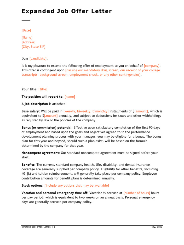 Expanded Job Offer Letter Template | PDF | Employment | 401(K)