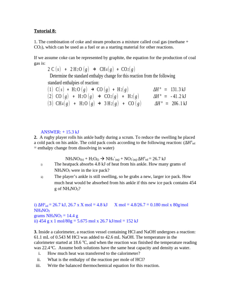 Chemistry 1R03 Tutorial 8 - ANSWER KEY | PDF