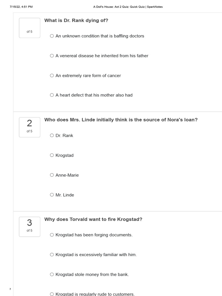 A Doll's House - Act 2 Quiz - Quick Quiz - SparkNotes | PDF
