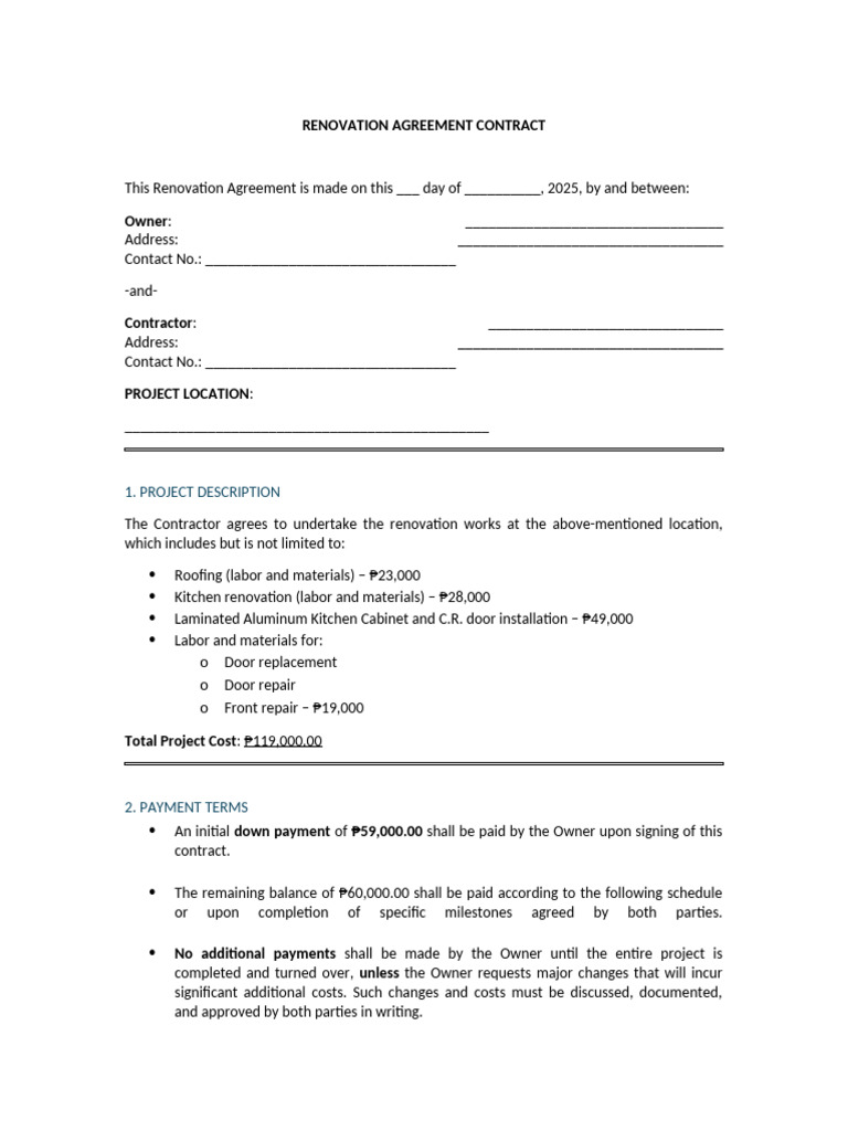 Kitchen Renovation Agreement Template | PDF | Private Law