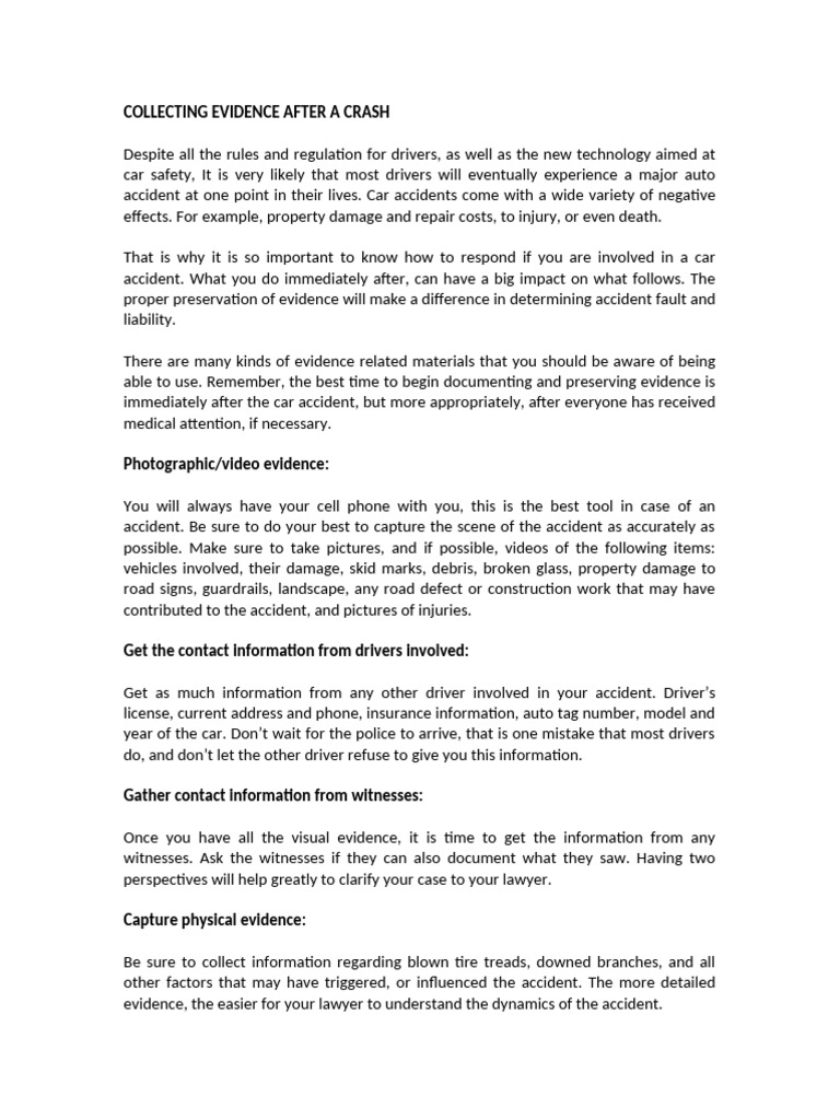 Evidence Collection After a Car Crash | PDF | Traffic Collision | Witness