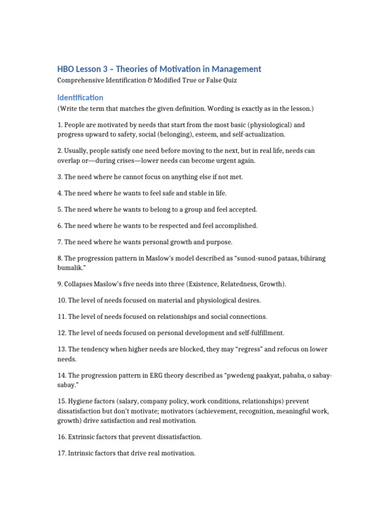 Motivation Theories in Management Quiz | PDF | Motivational | Motivation