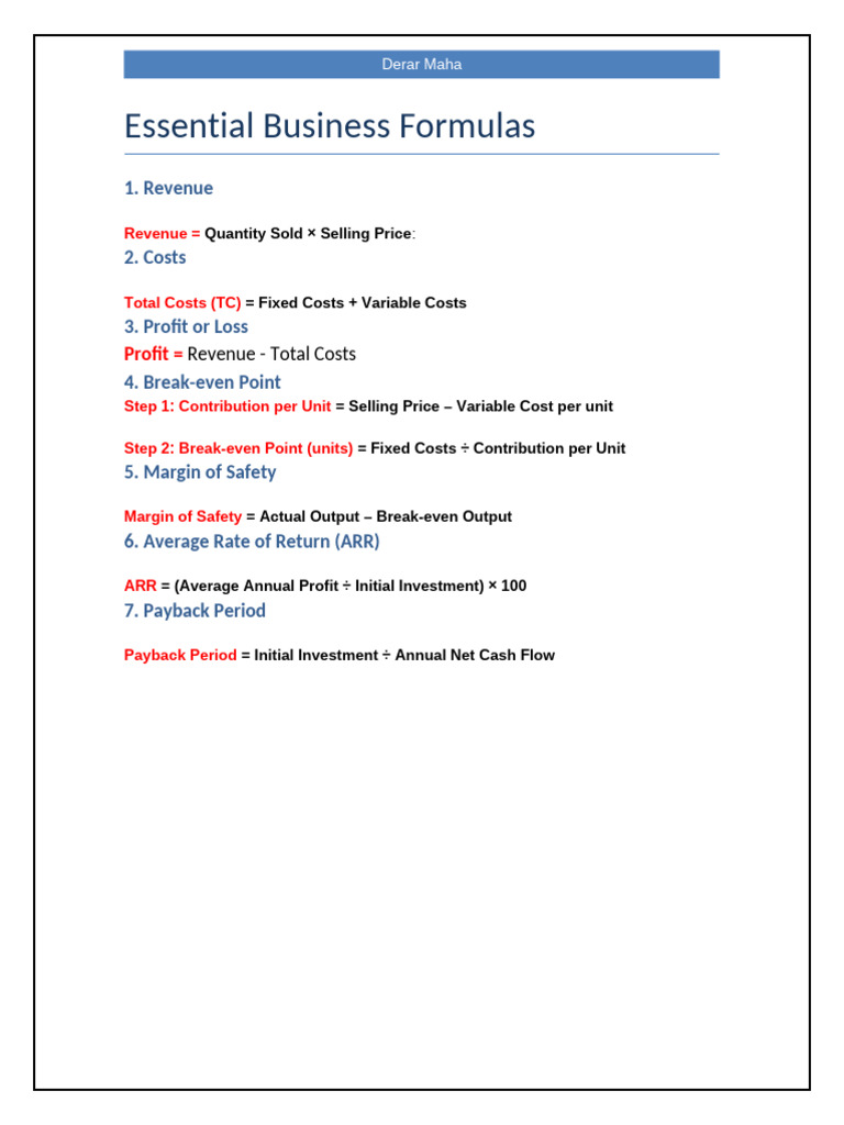 Business Formulas With Examples | PDF