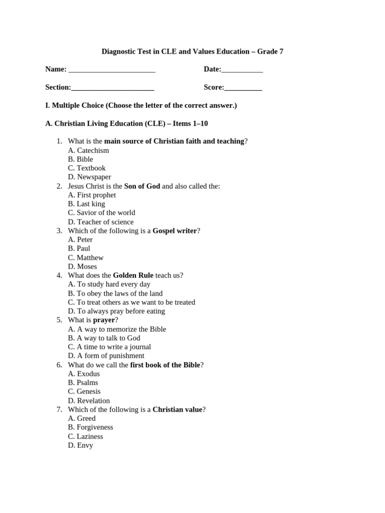 Diagnostic Test in CLE and Values Education | PDF | Jesus | Bible