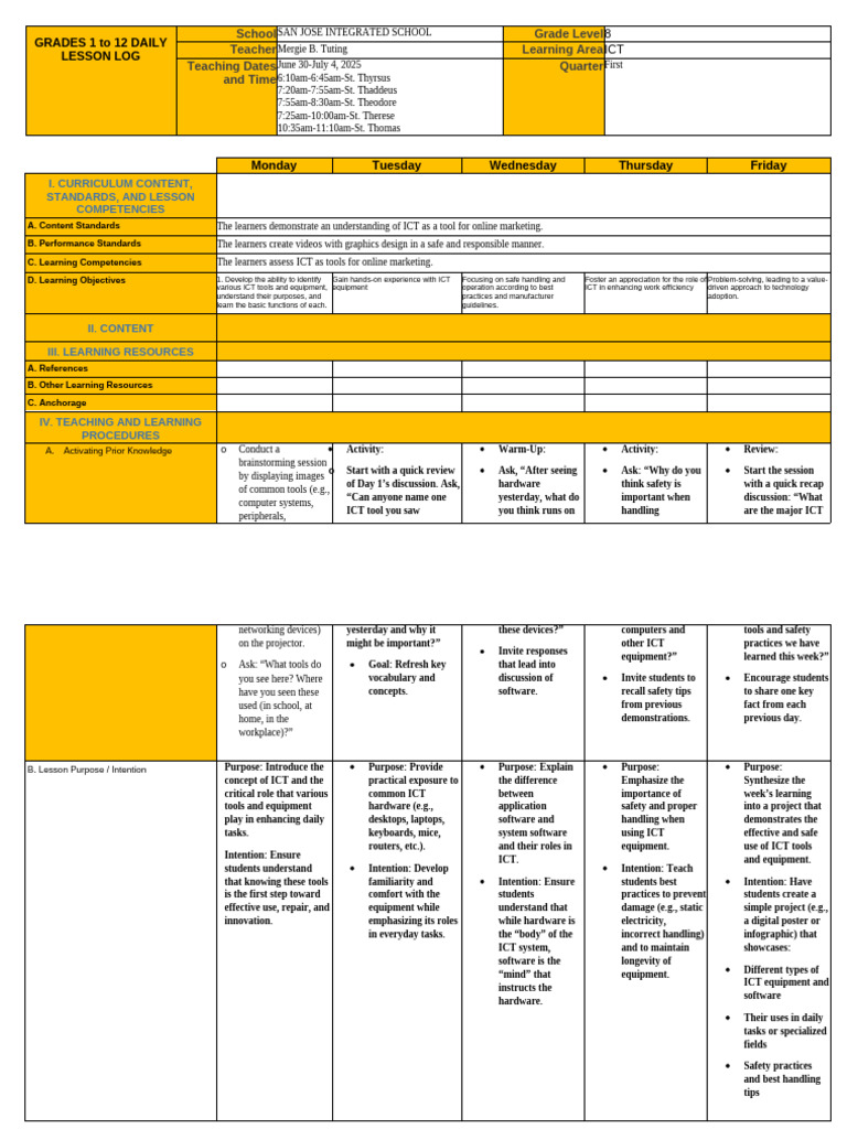 Grade 8 ICT Daily Lesson Plan | PDF | Educational Technology | Learning