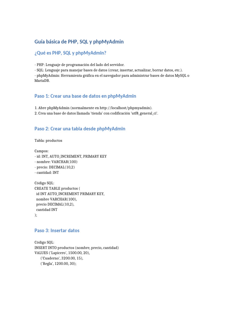 Guía de PHP y SQL en phpMyAdmin | PDF | SQL | Paradigmas de programación