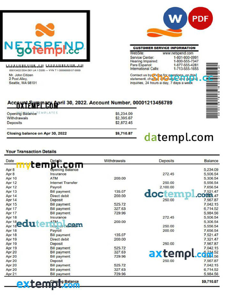 Doctempl - USA Netspend Bank Statement Word and PDF Template | PDF