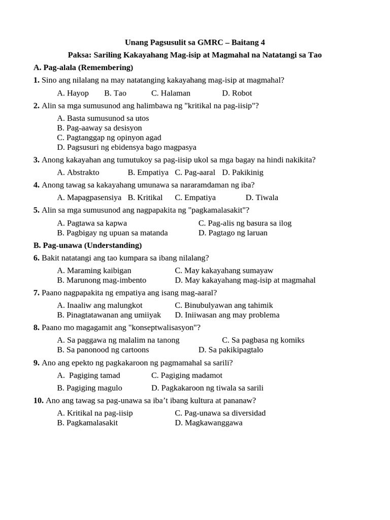 Unang Pagsusulit Sa GMRC 4 | PDF