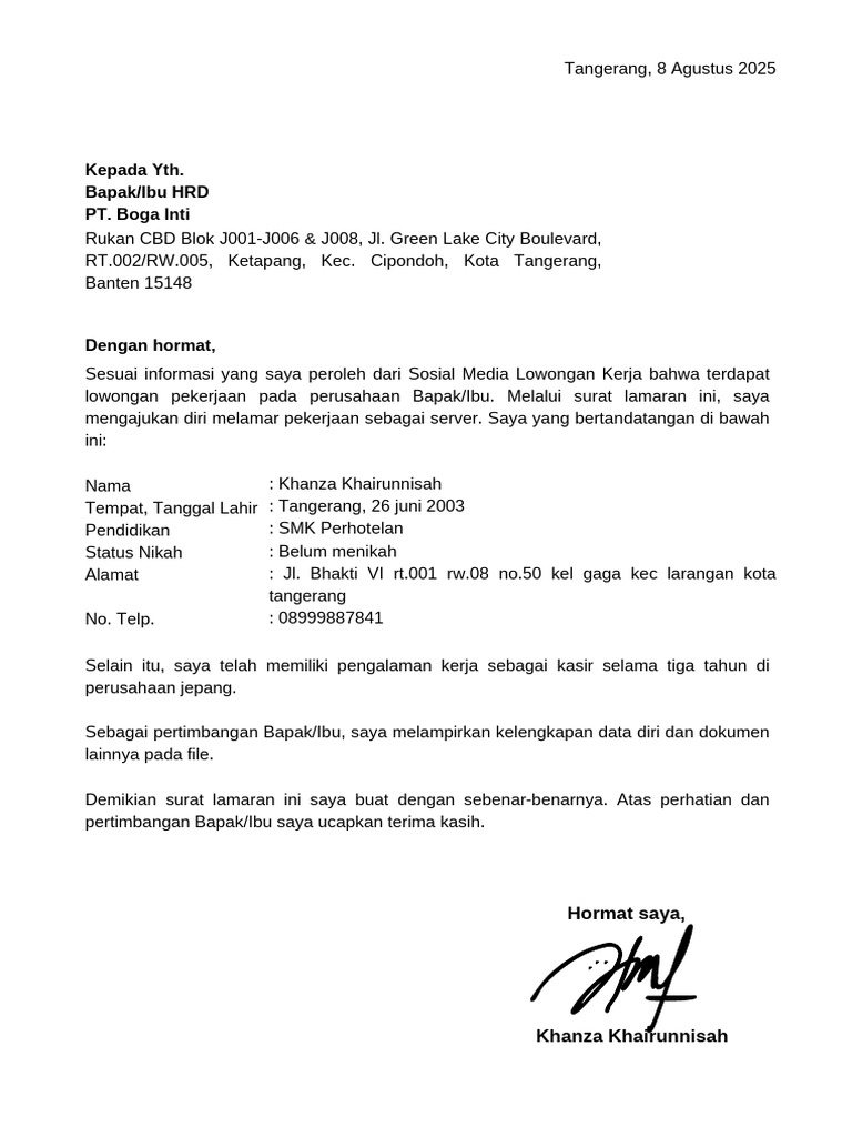 Lamaran Pekerjaan Sebagai Server PT. Boga Inti | PDF