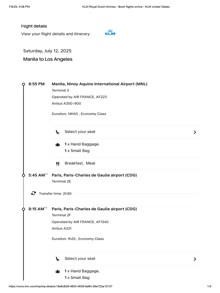 KLM Flight Itinerary Details | PDF | Airlines | Aviation