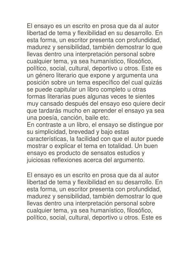 El Ensayo Es Un Escrito en Prosa Que Da Al Autor Libertad de Tema y Flexibilidad en Su ...