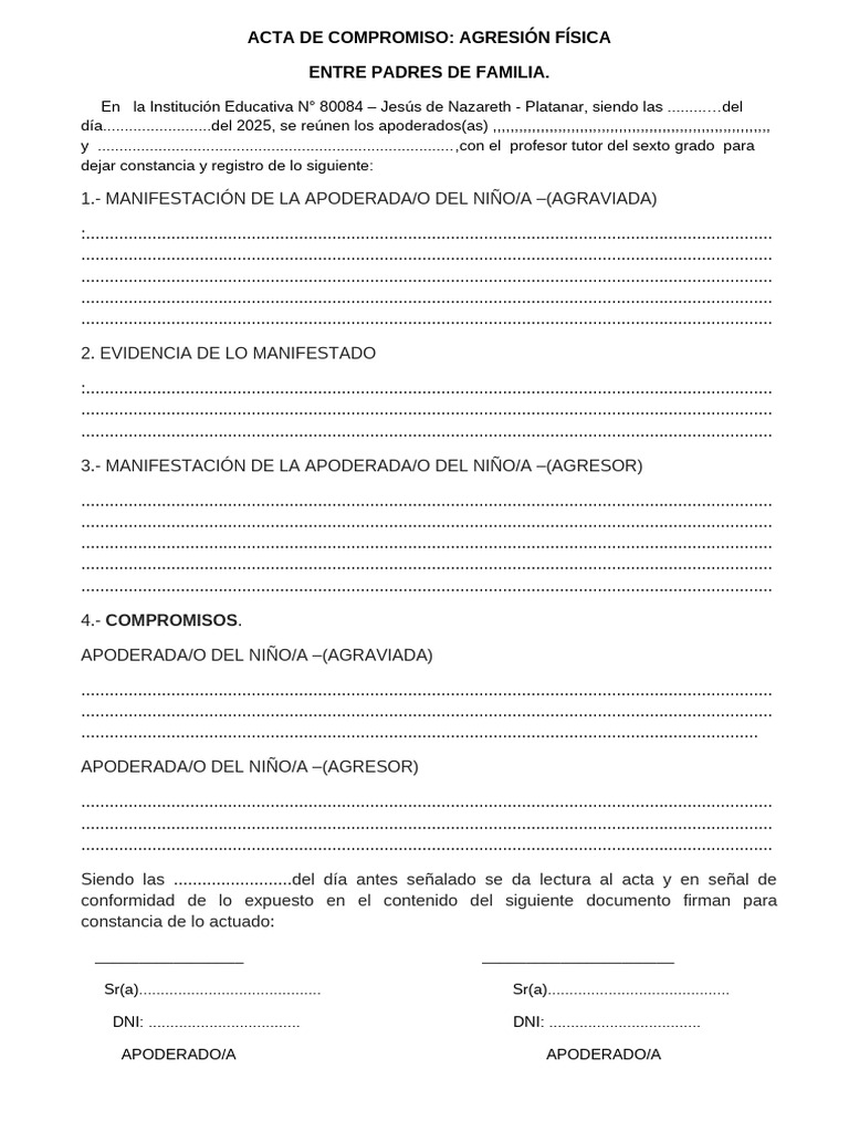 1-Acta-De-Compromiso Sexto Grado Ie #80084 - JN | PDF | Agresión
