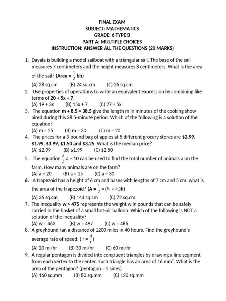 Mathematics Final Exam Grade 6 Type B | PDF | Quartile | Area