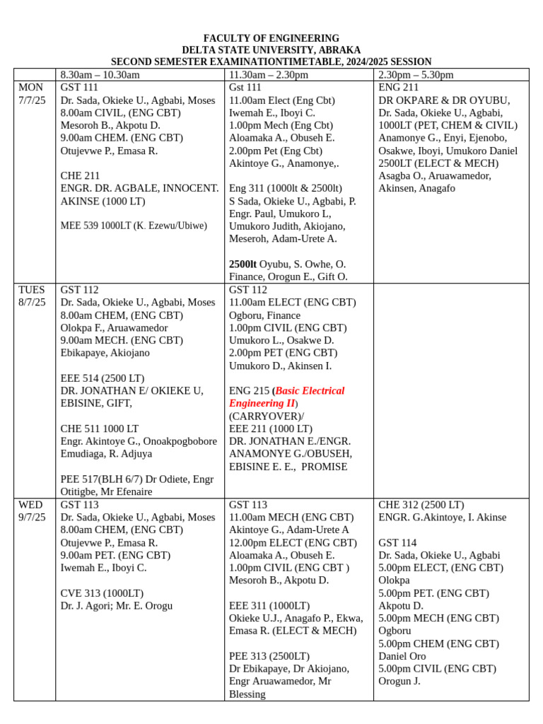 Engineering Examination Timetable Updated 15th July | PDF