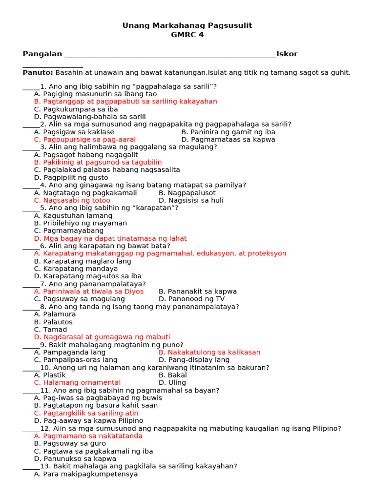 GMRC 4 Unang Markahang Pagsusulit | PDF