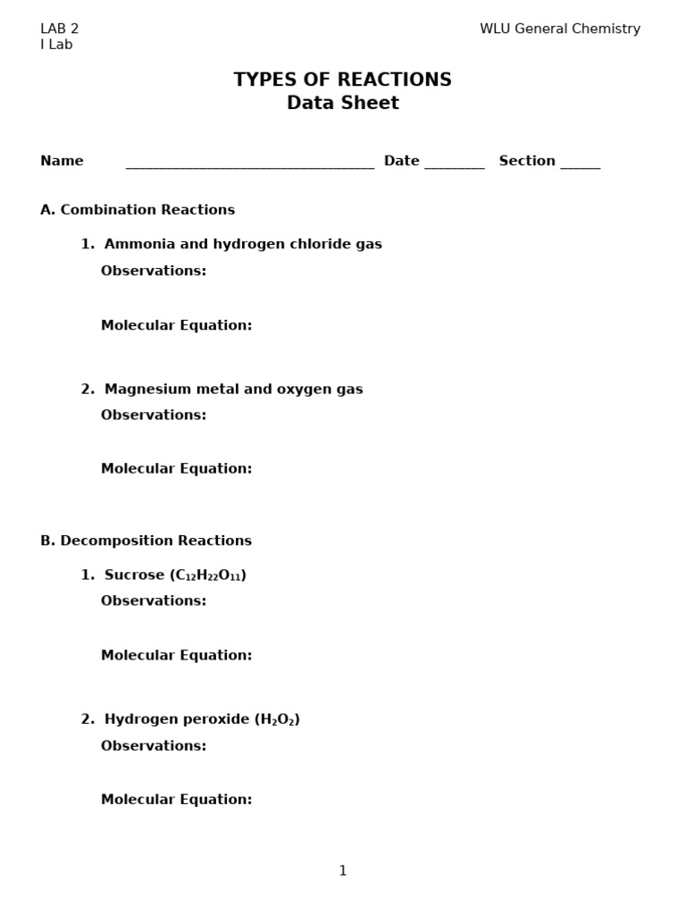 Types of Chemical Reactions Lab Guide | PDF | Salt (Chemistry) | Acid