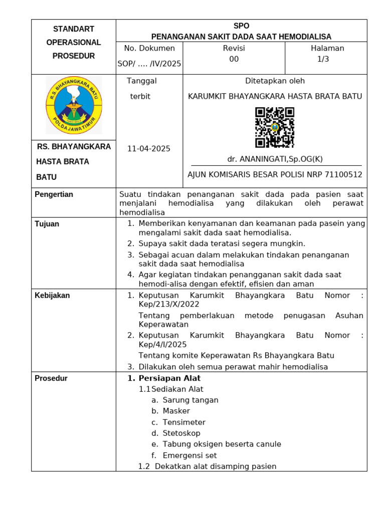 Sop 20 Penanganan Sakit Dada Pada Saat Hemodialisa | PDF