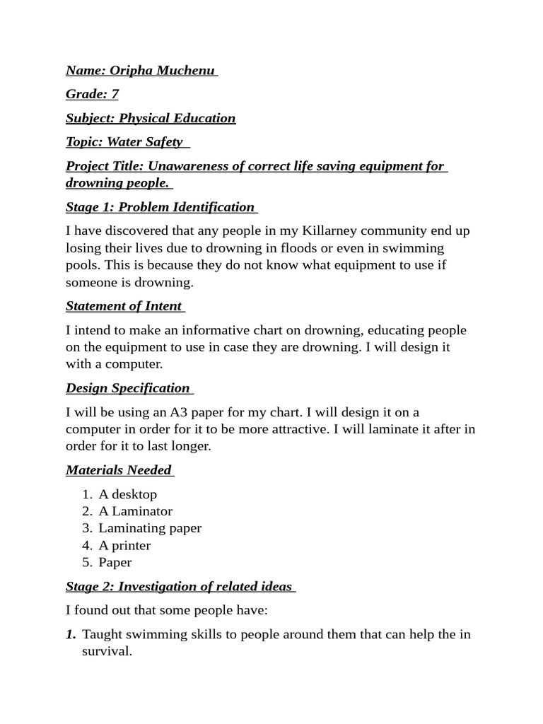 Water Safety Chart Project Ideas | PDF | Lamination | Learning