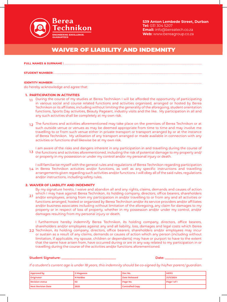 Berea Technikon Waiver 2025 (Red) | PDF | Indemnity | Justice